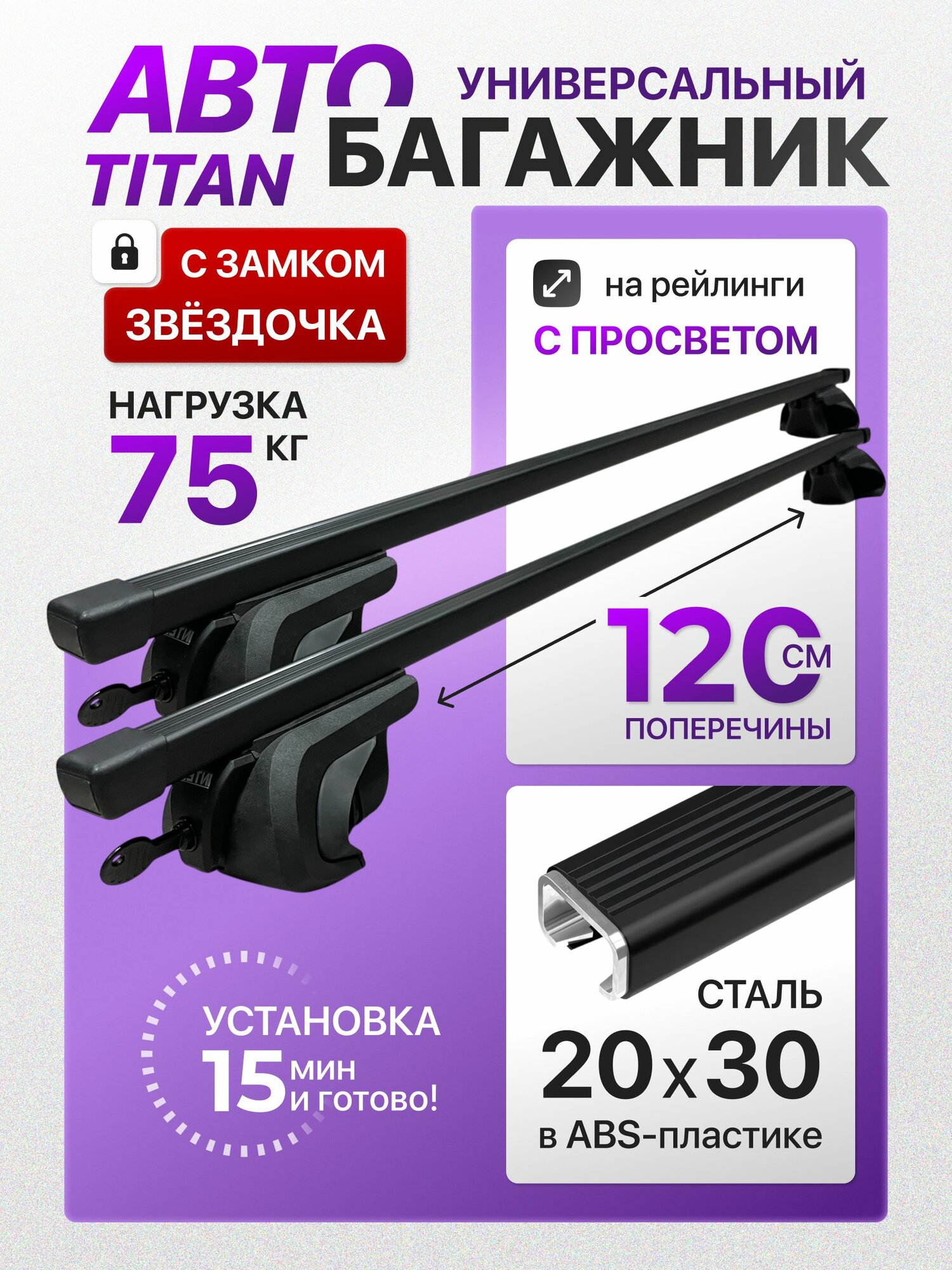 Багажник на рейлинги с просветом, универсальный. Inter Titan 20х30 120 см (поперечины с упорами)