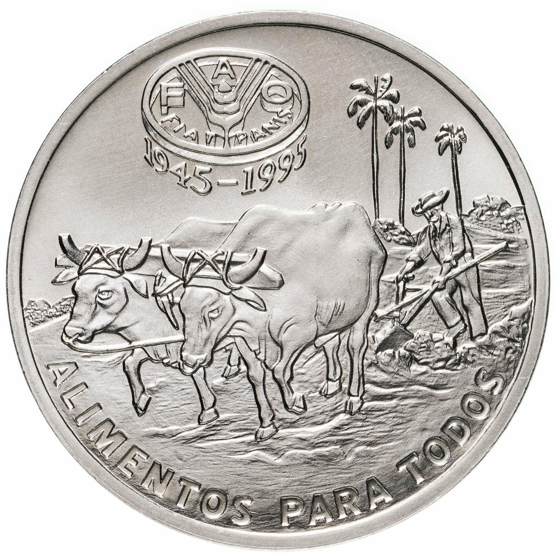 Куба 1 песо peso 1995 "50 лет Продовольственной программе ФАО", Мельхиор медь-никель, в сохранности UNC