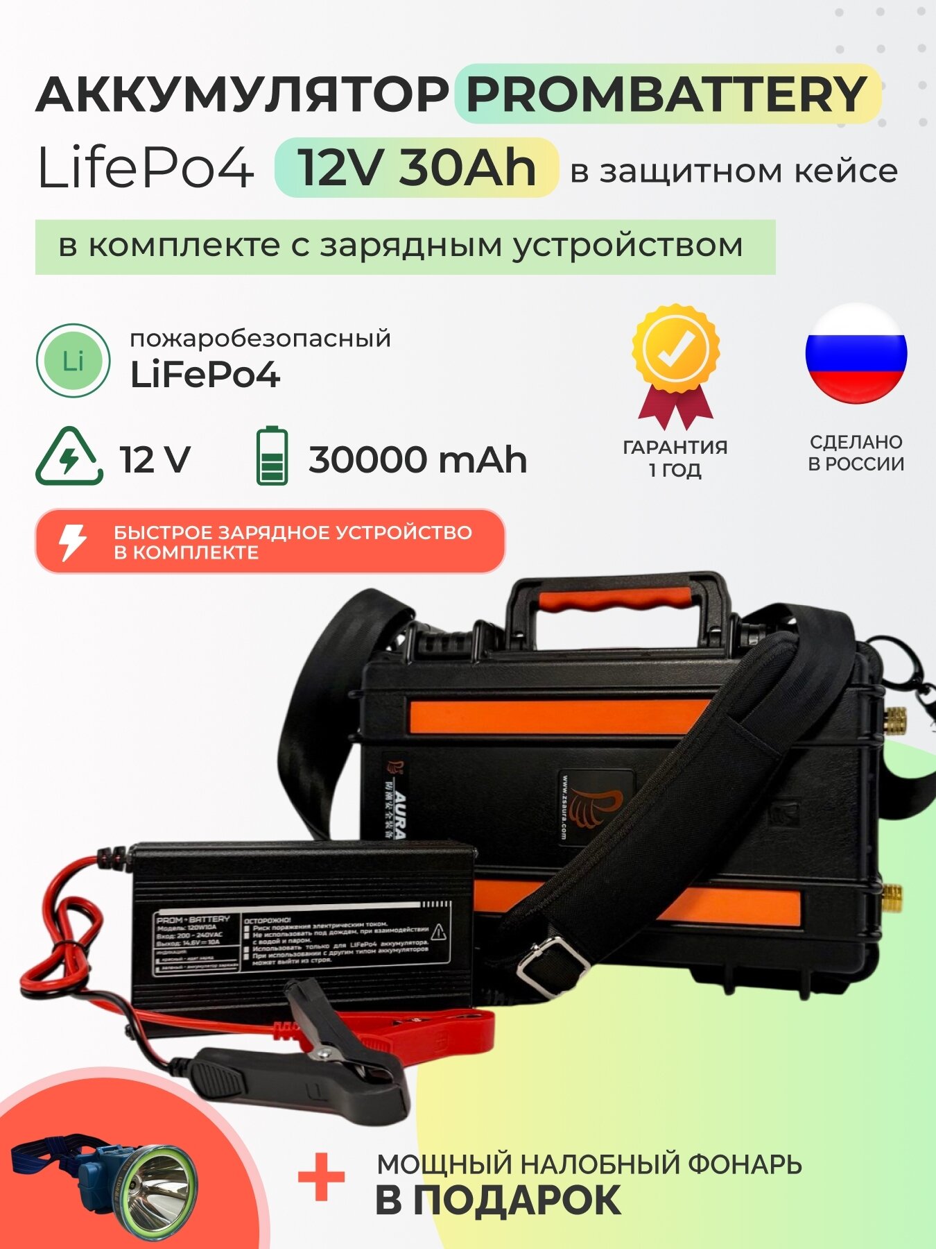 Аккумулятор LiFePO4 12V 30Ah в защитном кейсе + зарядное устройство 10А