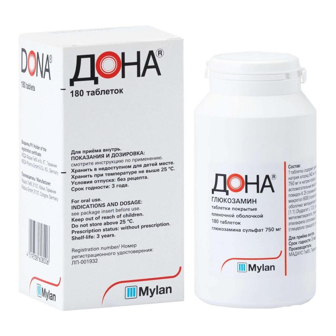 Дона таб. п/о плен. 750 мг №180, глюкозамина сульфат, стимулятор репарации тканей