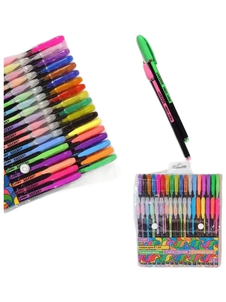 Набор гелевых ручек deVENTE Neon Black 36 шт. 1 мм линия, неоновые цвета