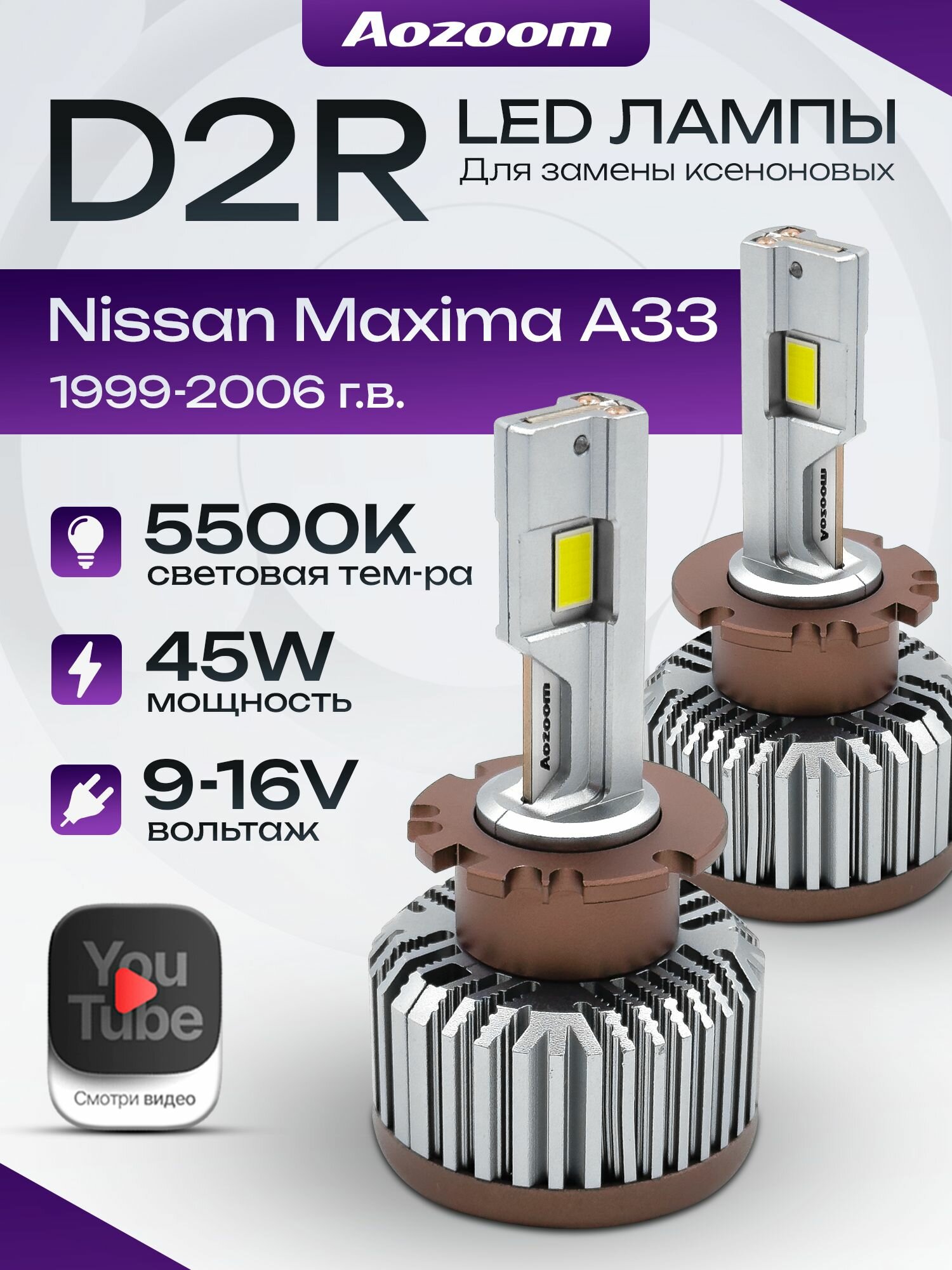 Лампы светодиодные Aozoom D2R на Nissan Maxima A33 1999-2006 / LED лампы Аозум вместо ксенона Д2Р для Ниссан Максима А33