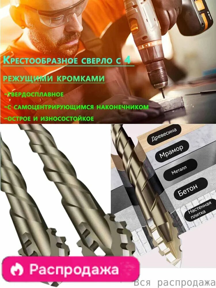 Алмазный бур 4-лезвийный, 7 размеров, нержавеющая сталь, для плитки/стекла/керамики, 3.4.5.6.8.10.12 мм (7 шт)