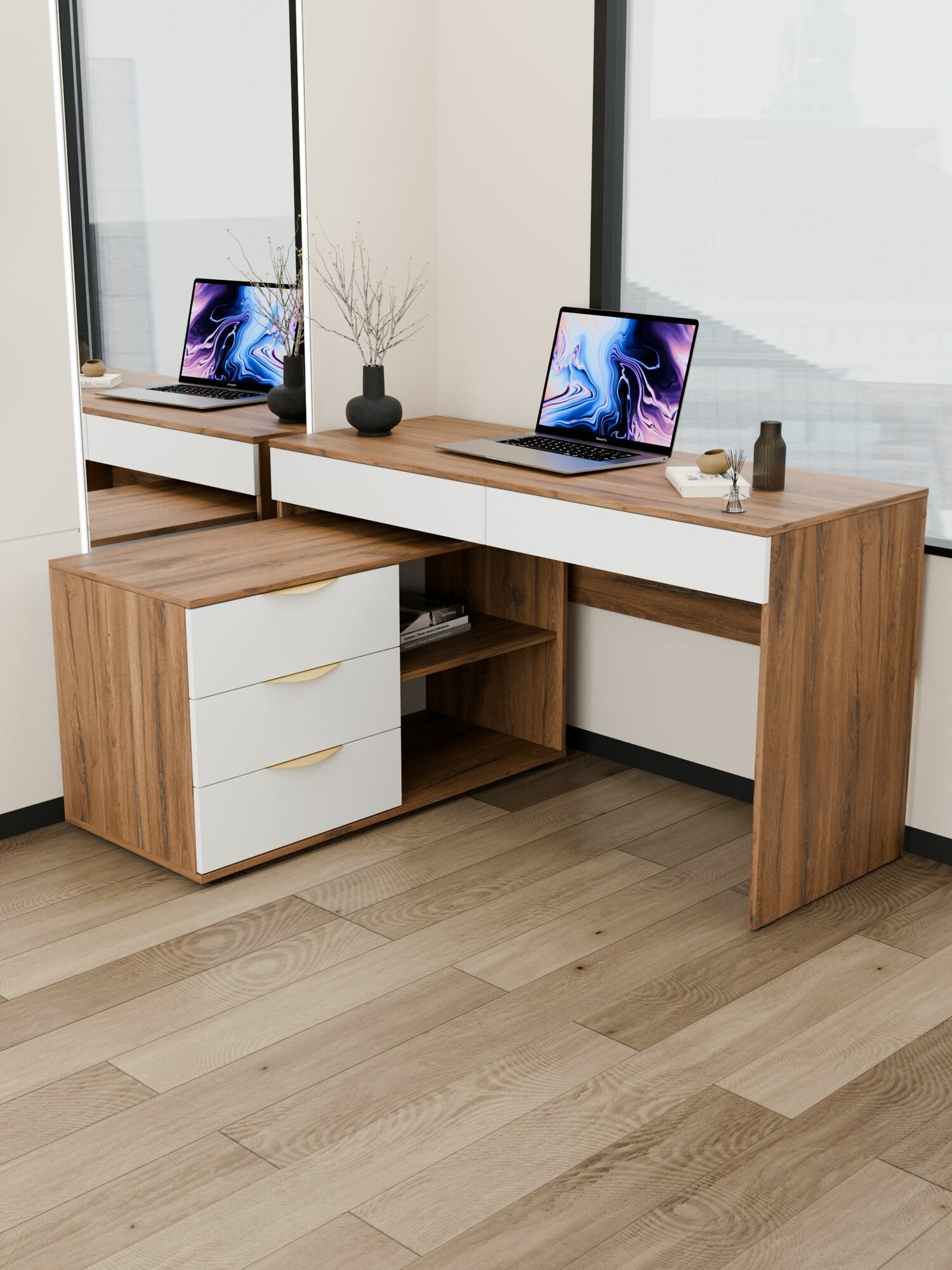 Изумлит Стол письменный с тумбой Корнер 135х52х75.5 см, дуб крафт табачный/белый