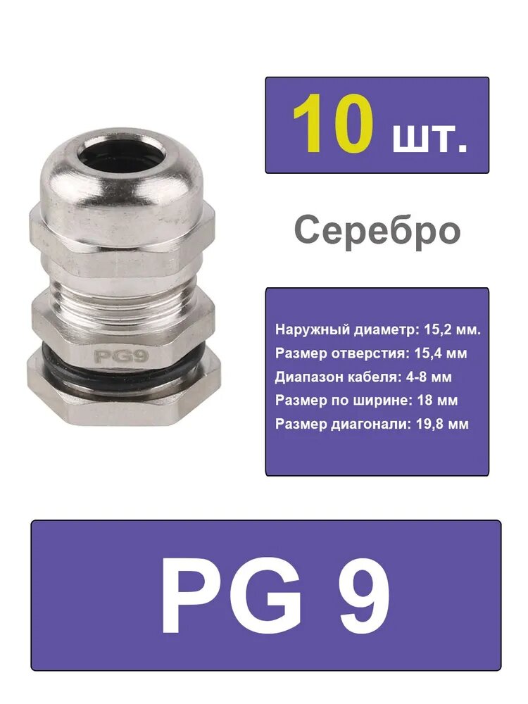 10 шт. Никель Латунь Металл, IP68 Водонепроницаемые кабельные вводы, PG9 Соединительные проволочные вводы Половина прохода 4-8мм