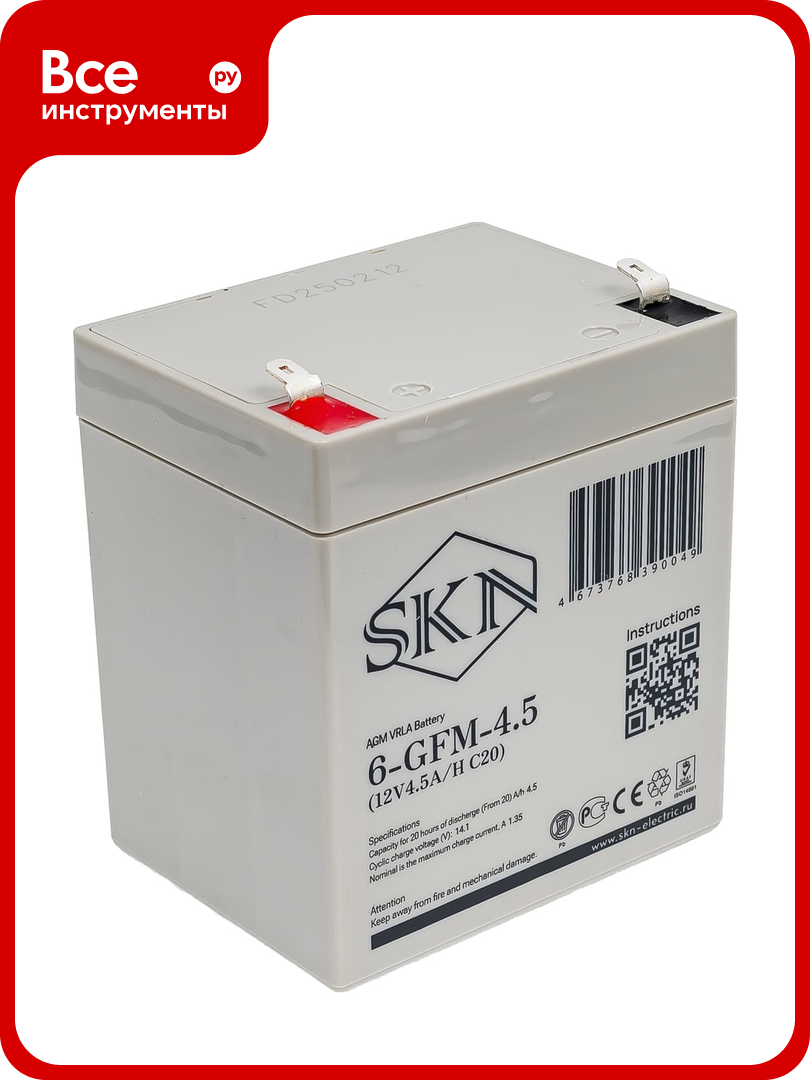 Аккумулятор для ИБП SKN 6-GFM-4.5, 12V 4.5Ah, AGM, прямая полярность, размеры 90x70x106 мм, вес 1.6 кг, тип клемм