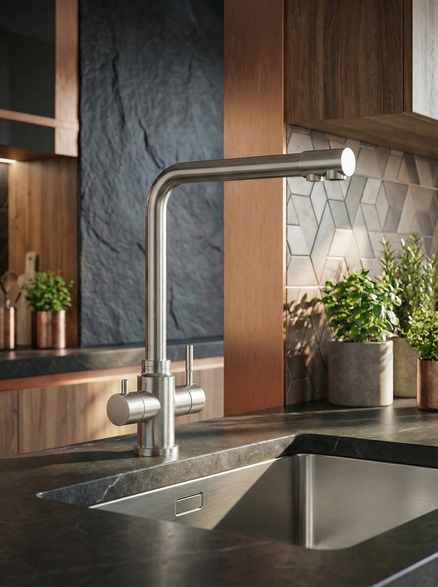 Смеситель для кухни ESKO Kitchen K24 с подключением к фильтру для питьевой воды, с высоким поворотным изливом