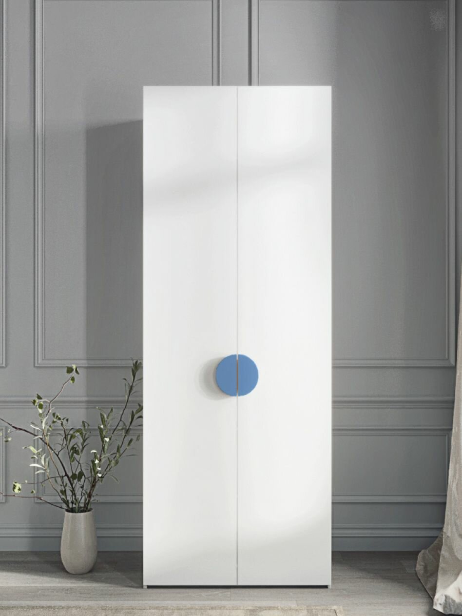 Casa Mia 80x50x230 см. шкаф в детскую комнату распашной с ящиками и полками, 2-дверный, белый, ручка круглая МДФ Голубая