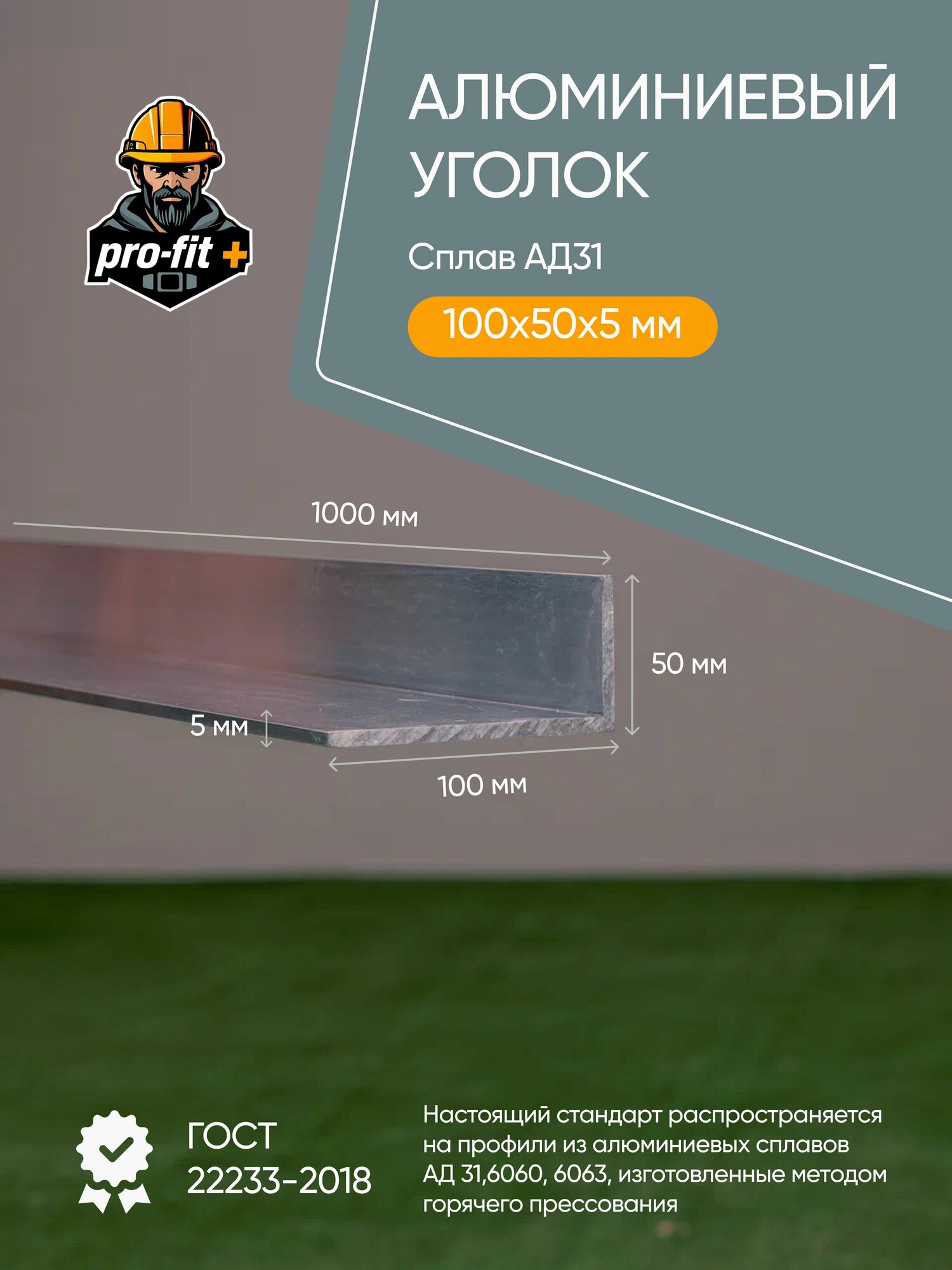 Алюминиевый уголок АД31 100х50х5 1000мм, алюминиевый сплав АД31, без покрытия