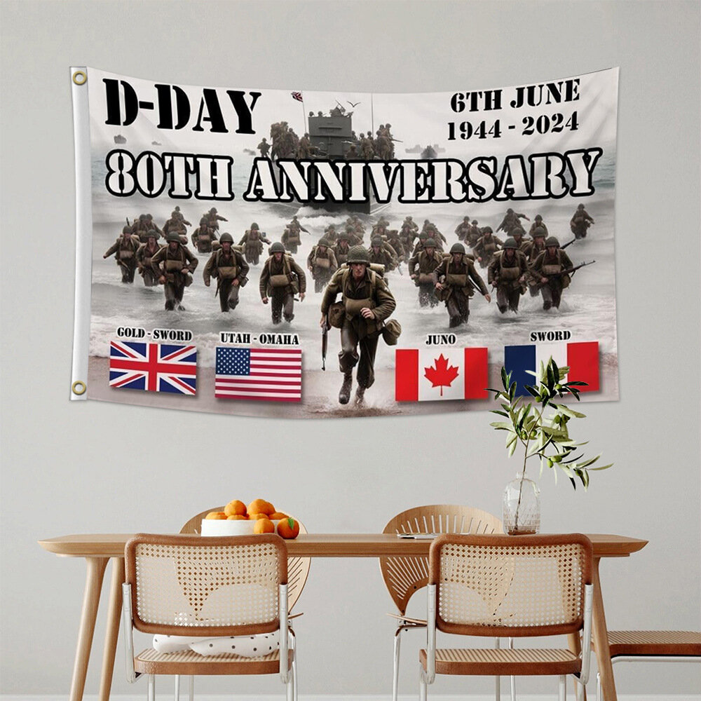 Флаг к 80-й годовщине высадки в Нормандии — 150x90 см — Высококачественный полиэстер, древко в комплект не входит — Изображение союзных солдат и национальных флагов — В память о Дне Д, 6 июня 1944 года