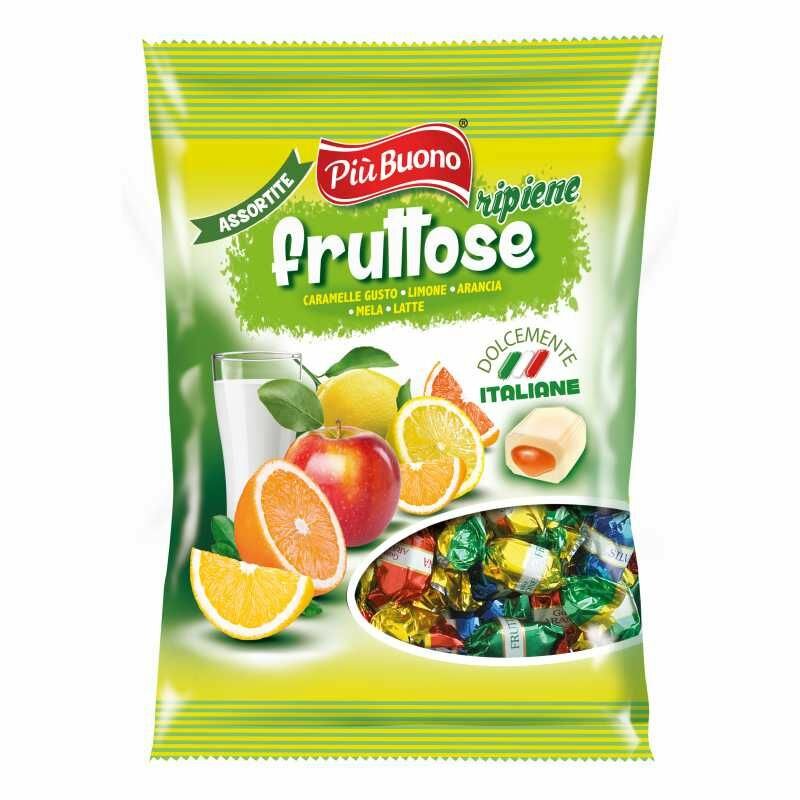 Конфеты PIU BUONO карамель с жидким центром - фруктовое ассорти /пакет/ 175г