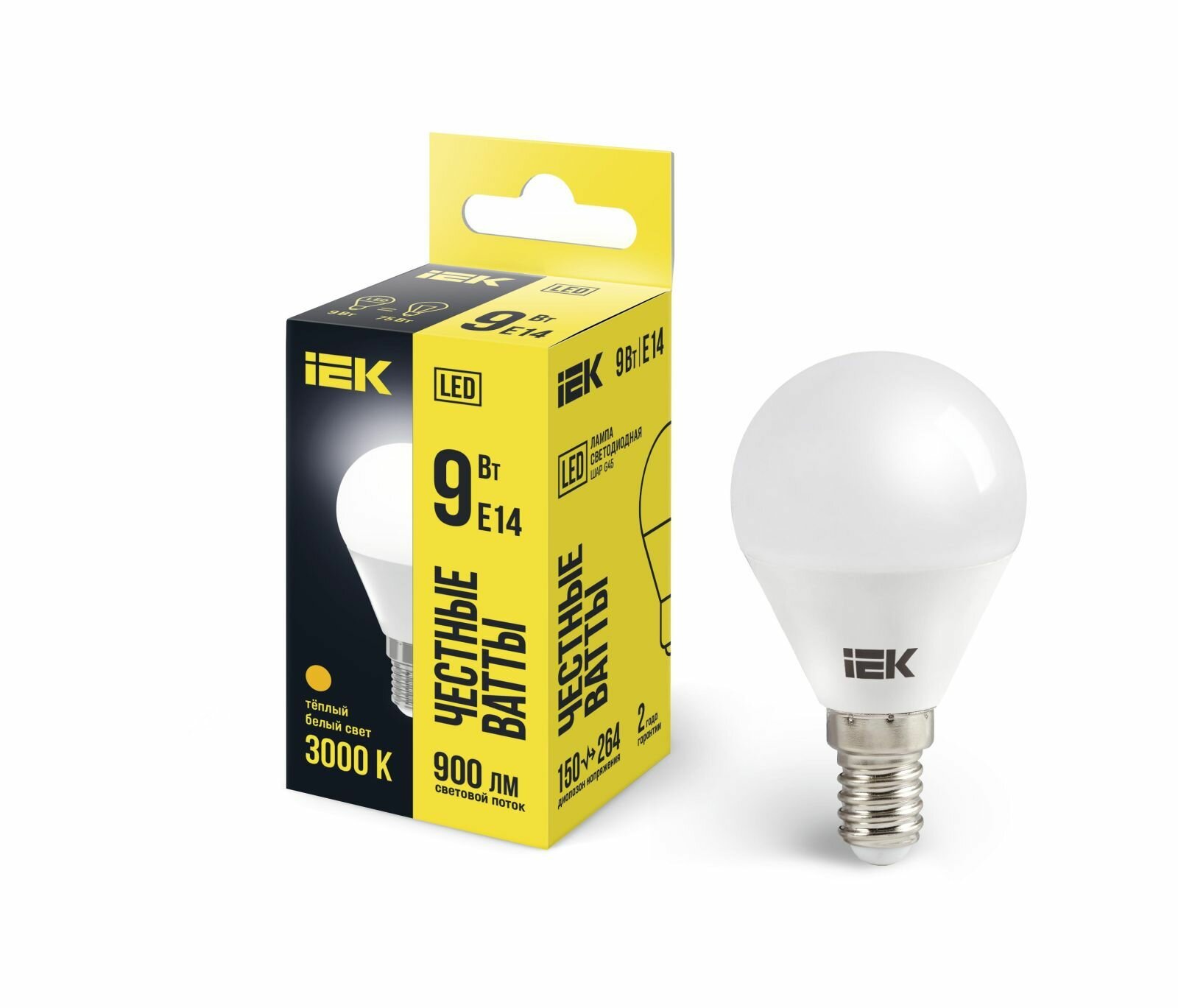 Лампа светодиодная IEK G45, шар, 9 Вт, 230В, 3000К, E14