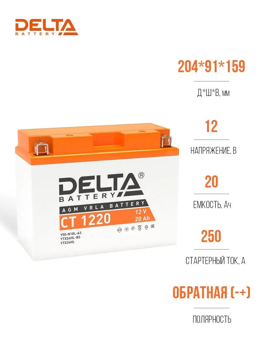 Аккумулятор для мотоцикла 12v 20Ah DELTA CT 1220