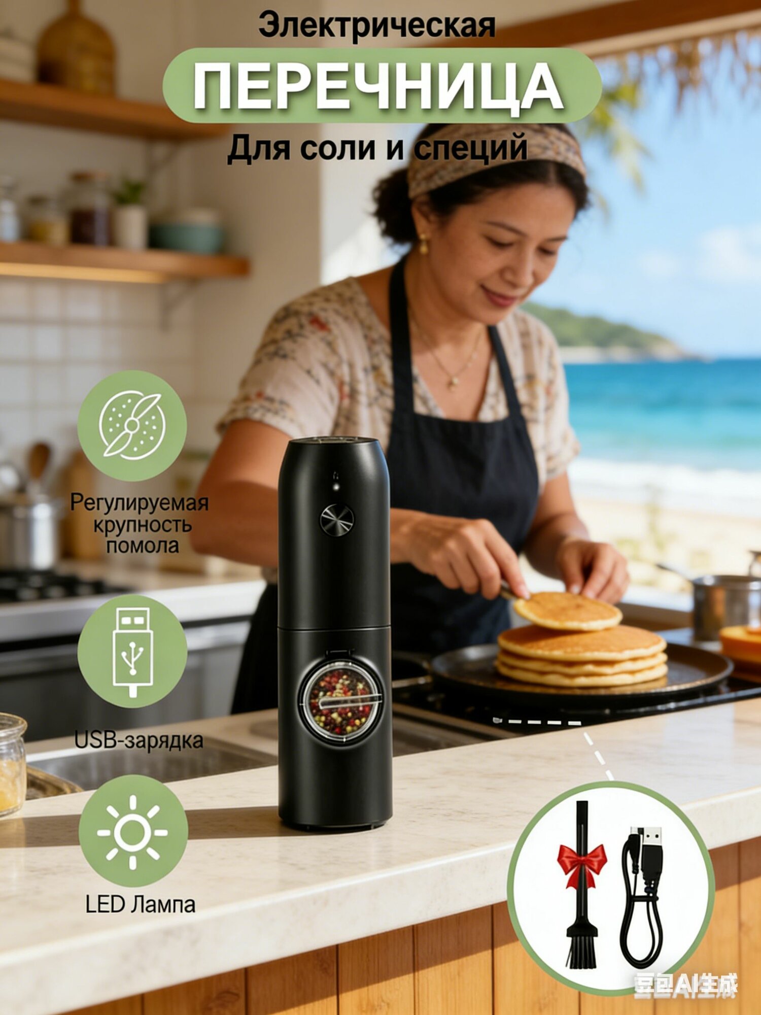 Электрическая мельница для специй GEALFIS USB, с подсветкой и регулировкой помола, 70 мл, черная