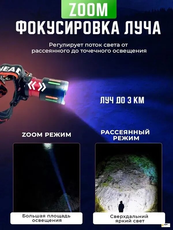 Фонарь-прожектор Кабар лазерный, налобный, 10000 люмен, 3000 м дальность, с Powerbank — фото 1
