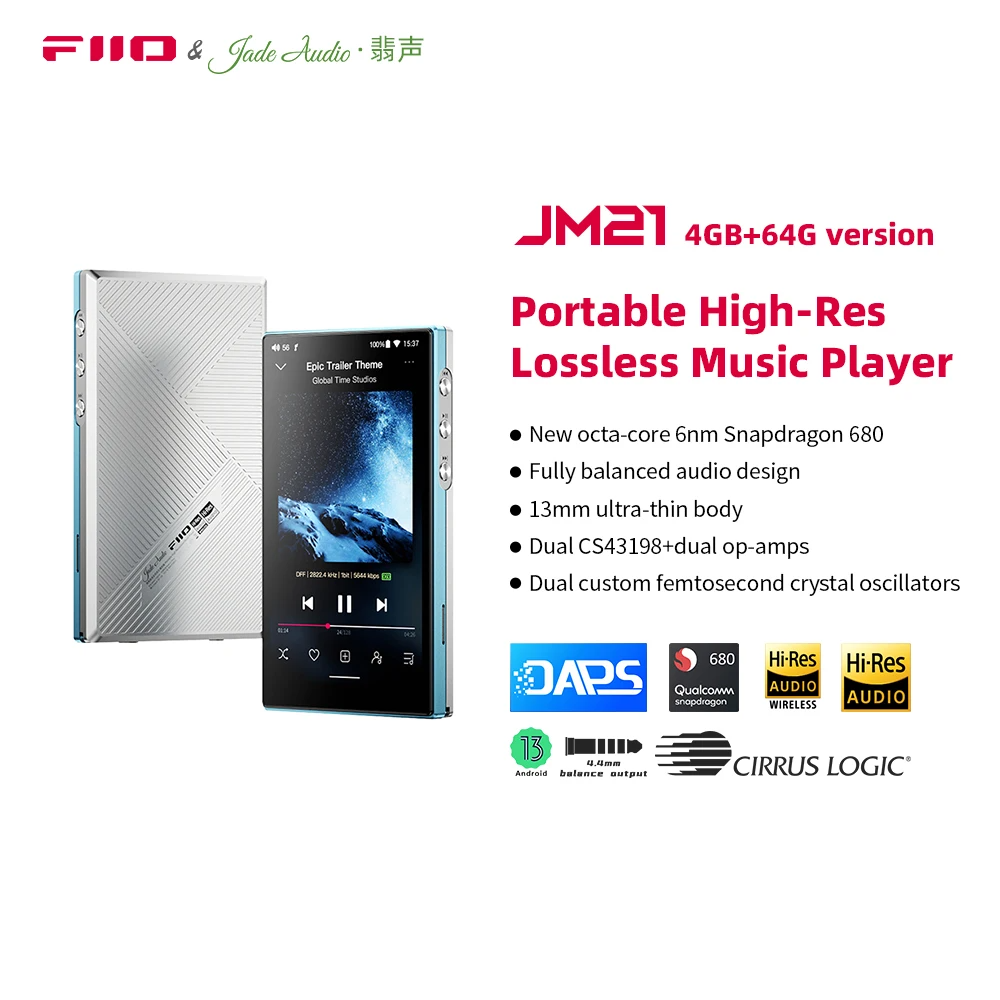 FiiO JM21(4+64GB) Музыкальный плеер Bluetooth Hi-Res MP3 для Android 13 с процессором Snapdragon 680