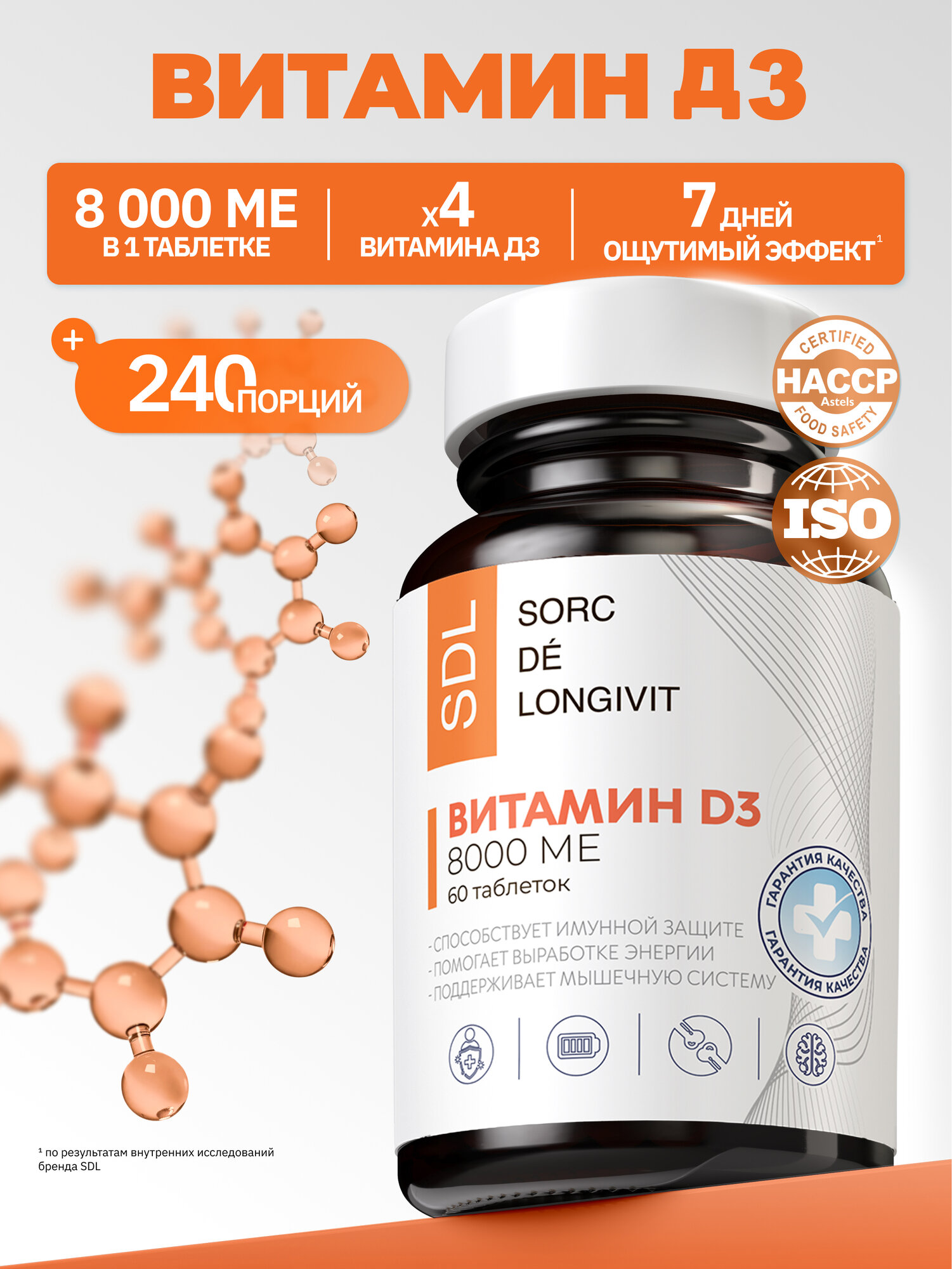 Витамин Д3 Макс 8000МЕ SDL, для иммунитета, красоты, здоровья, 60 таблеток