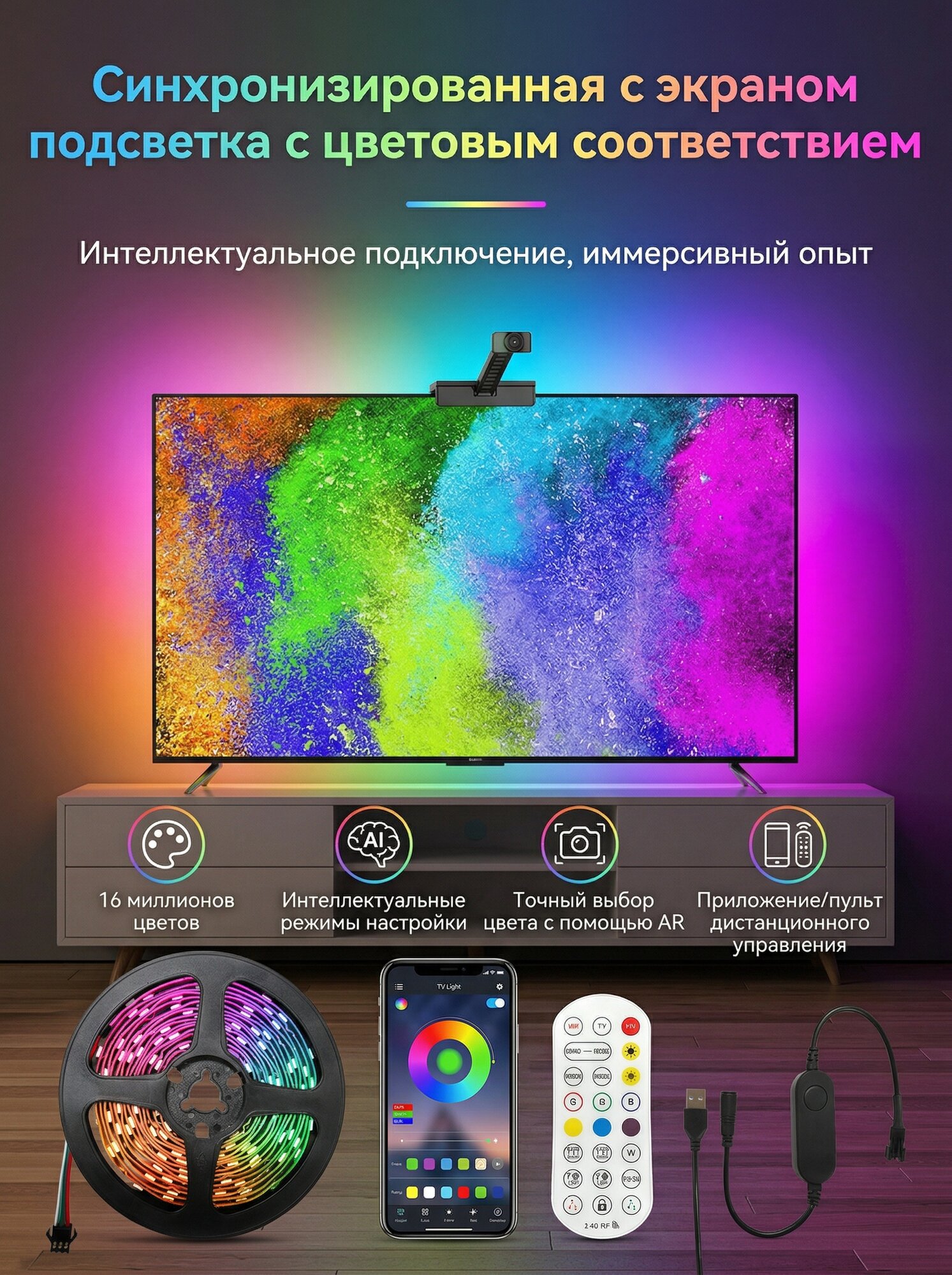 Телевизионный фон "Smart Bluetooth symphony", подсветка экрана, RGBIC, 3м, 40-55inch