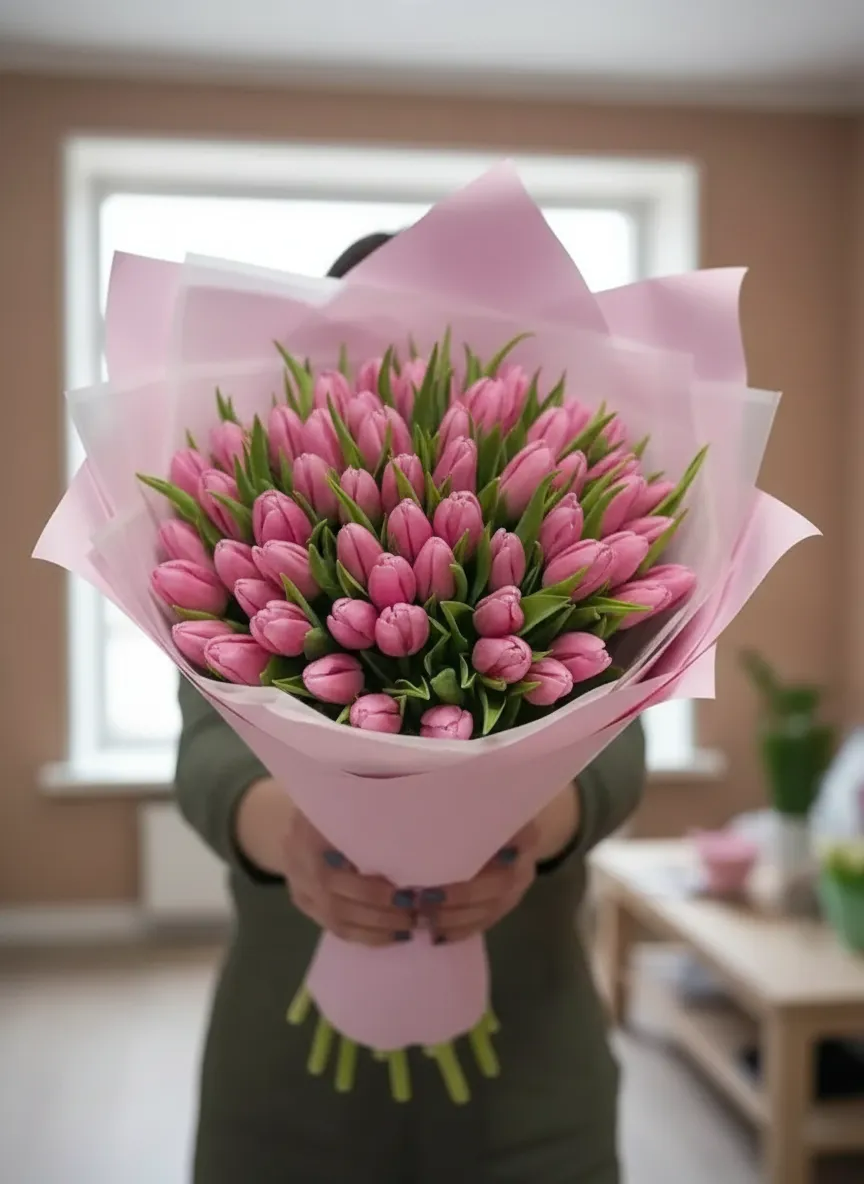 Букет цветов, Стильный букет из розовых тюльпанов, 51 шт. Тюльпаны, Красивый букет цветов, Премиум букет.