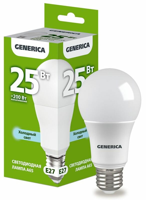 Лампа светодиодная A65 25Вт грушевидная 6500К E27 230В GENERICA LL-A65-25-230-65-E27-G-10 шт