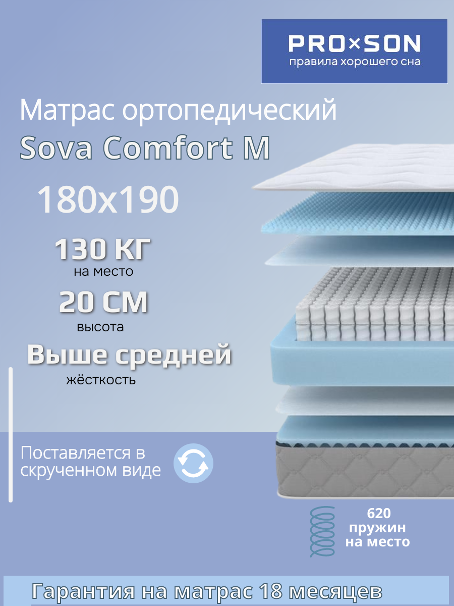 Матрас ортопедический PRO×SON SOVA Comfort M, 180×190 см, высокая жёсткость
