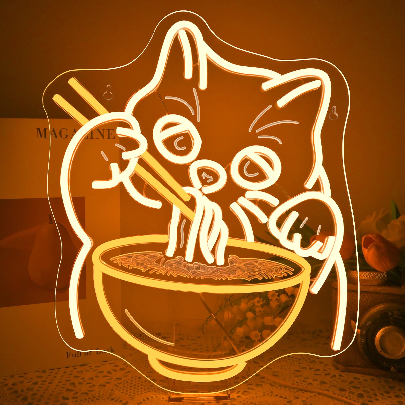 Неоновая лампа Cat Eating Ramen, синий свет