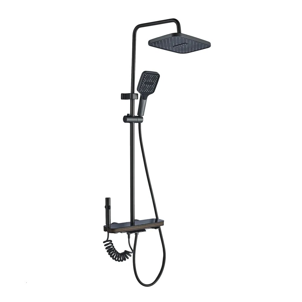 Душевая стойка Ceruttispa 11412 со смесителем, черная, серая, матовая, душевая система с тропическим душем, с изливом, с девиатором, с лейкой, рычаг сбоку