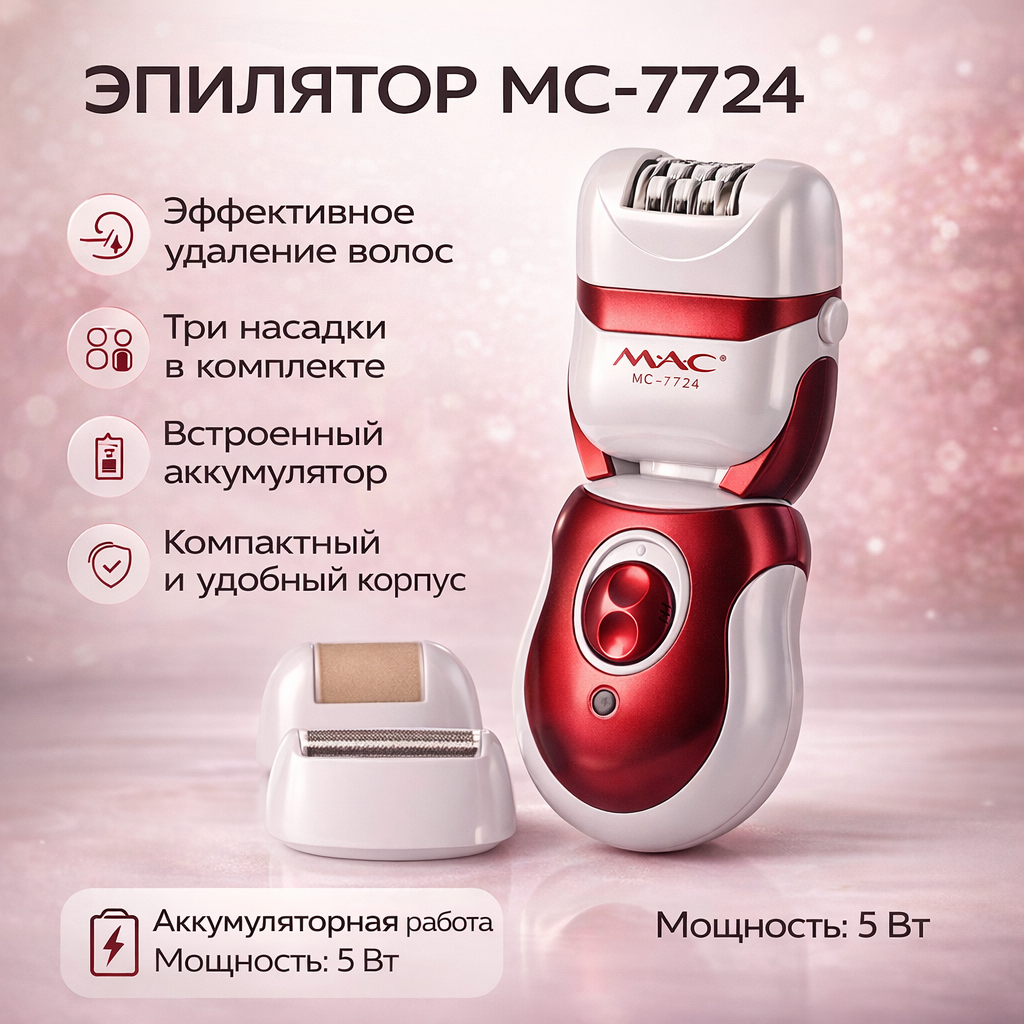 Эпилятор аккумуляторный MC-7724 для удаления волос с насадками | магазин ElektroBit