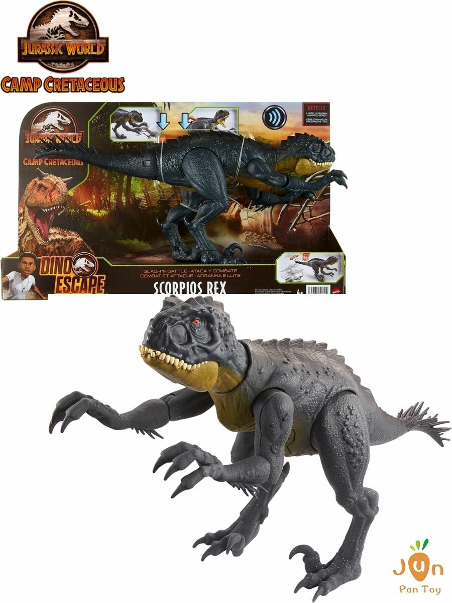 Мир юрского периода Mattel Jurassic World Slash Battle Scorpios Rex / Детская коллекция игрушек-динозавров с ревущими звуковыми эффектами, подходящая для подарков на день рождения детям старше 4 лет