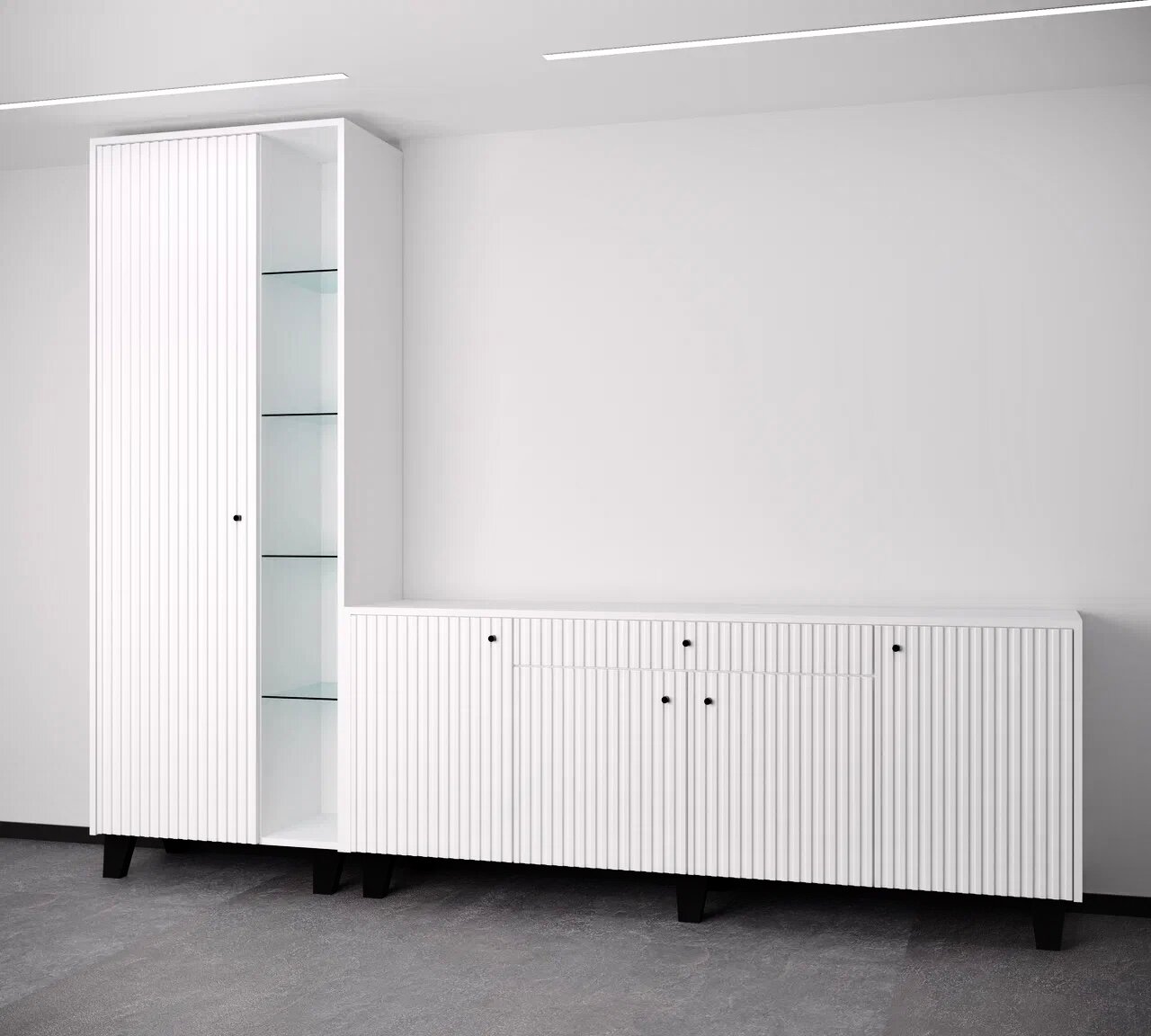 Гостиная Оливия. 2.83 метра. МДФ белый. Комплект шкаф + комод