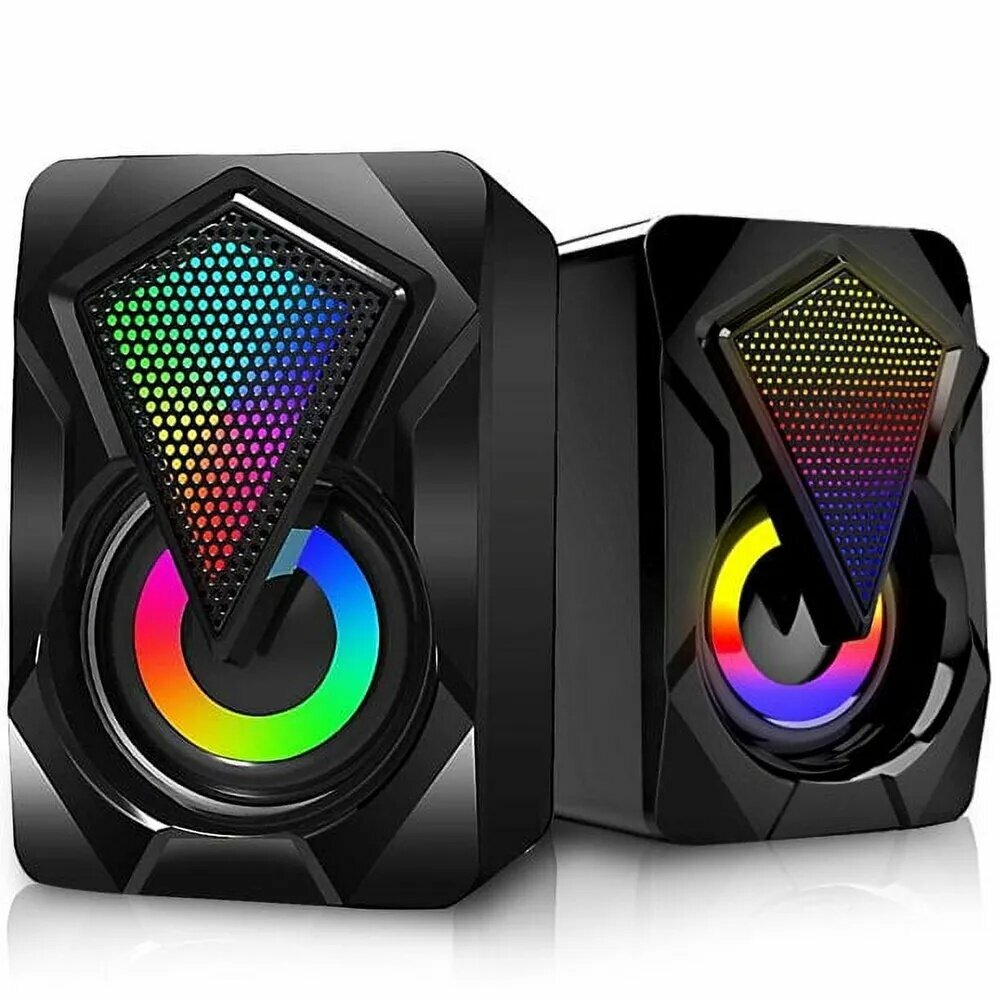 GJX Компьютерные колонки с RGB подсветкой, стерео динамики с эффектом surround bass, USB питание, 3.5 мм, для ПК, ноутбуков, смартфонов, ТВ.