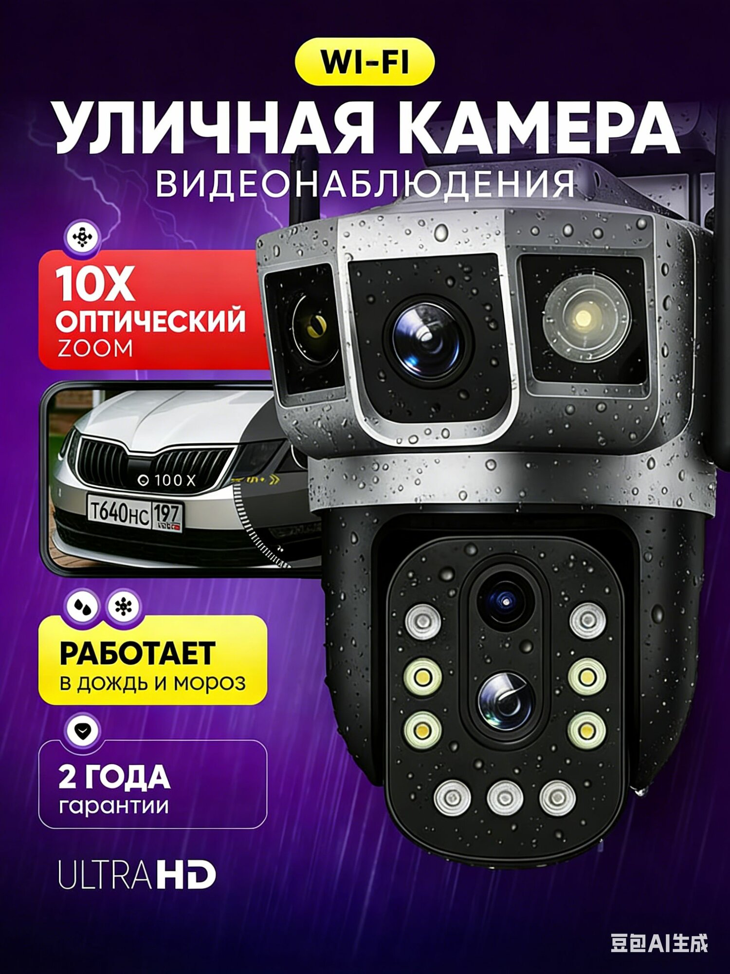 Камера видеонаблюдения WIFI, 2K цветное ночное видение, 10-кратный зум