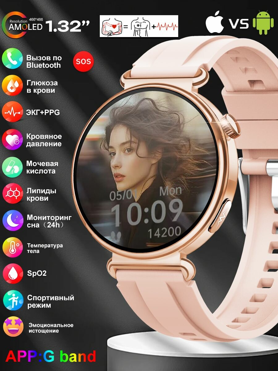Cмарт часы женские круглые, ЭКГ, сахар в крови, для андроид iphone наручные