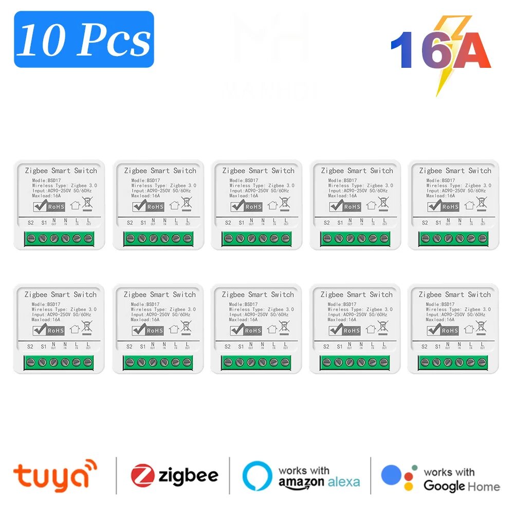 Zigbee умный выключатель 16A, 10 шт, белый