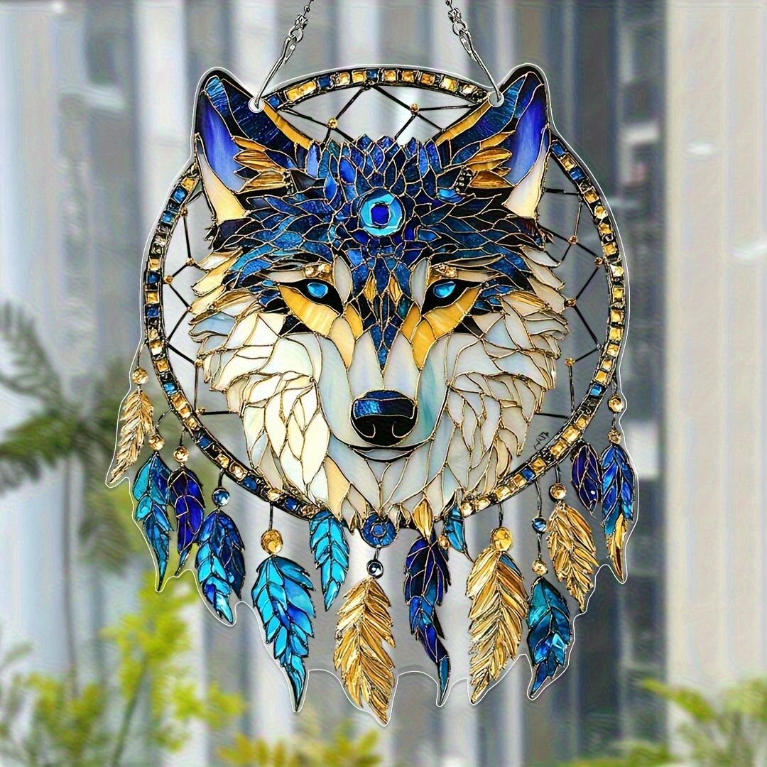 Плоский двухмерный акриловый витражный декор в виде волка, солнечного ловца снов, подходит для украшения интерьера и экстерьера, идеальный подарок на день рождения для друзей и семьи.