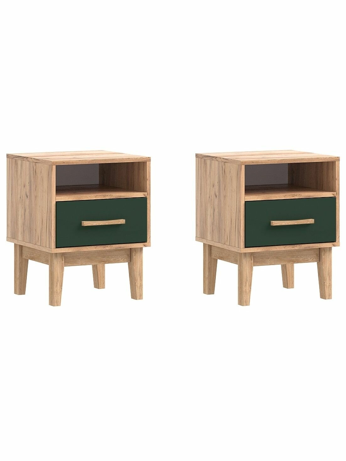 Тумбы прикроватные Кёльн на ножках, тумбочки в стиле лофт, 41х40х53.4 см, 2 шт, Изумрудный/Дуб крафт