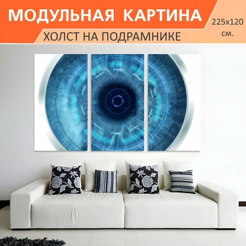 Модульная картина на холсте "Футуристический глаз, робот глаз, глаз" триптих на подрамнике 225х120 см. для интерьера