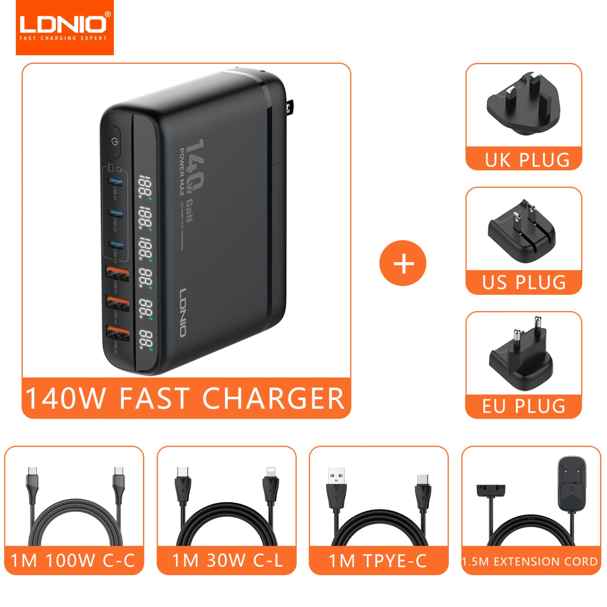 LDNIO 140W зарядное устройство 6 портов с 3 кабелями
