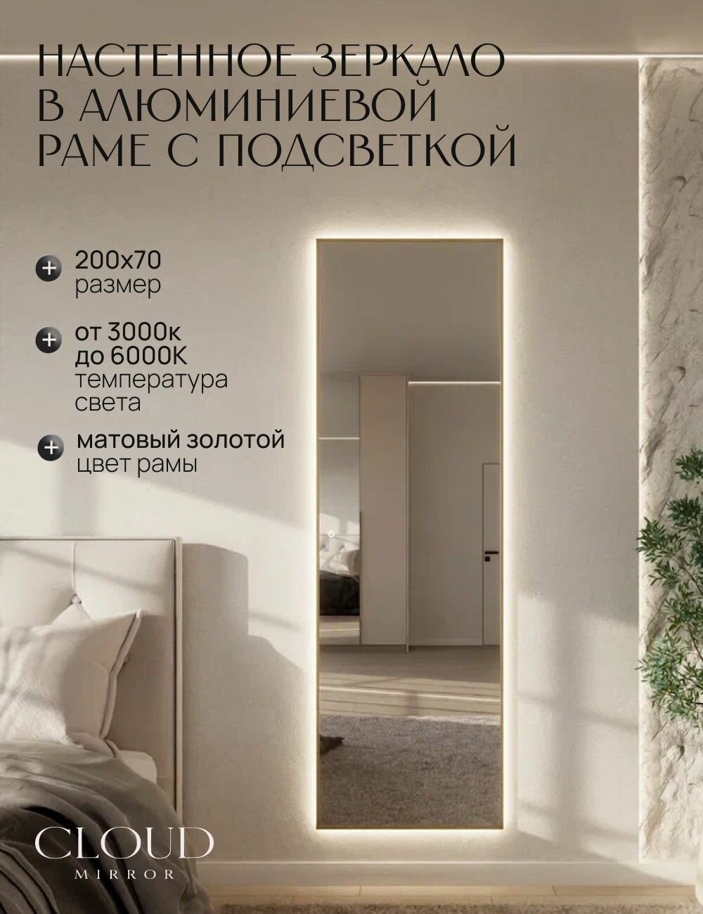 Зеркало 200х70 см. CLOUD MIRROR с подсветкой настенное сенсорное в алюминиевой раме, Золото