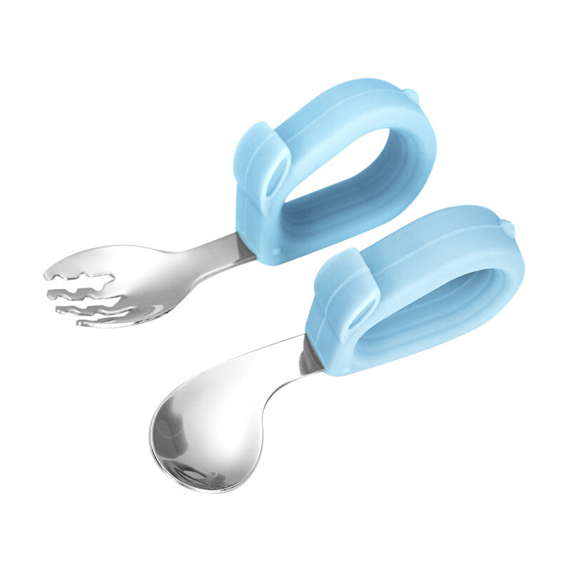 304 нержавеющая сталь детская ложка и вилка с синей мультяшной ручкой кролика, изогнутая и прямая формы, включает