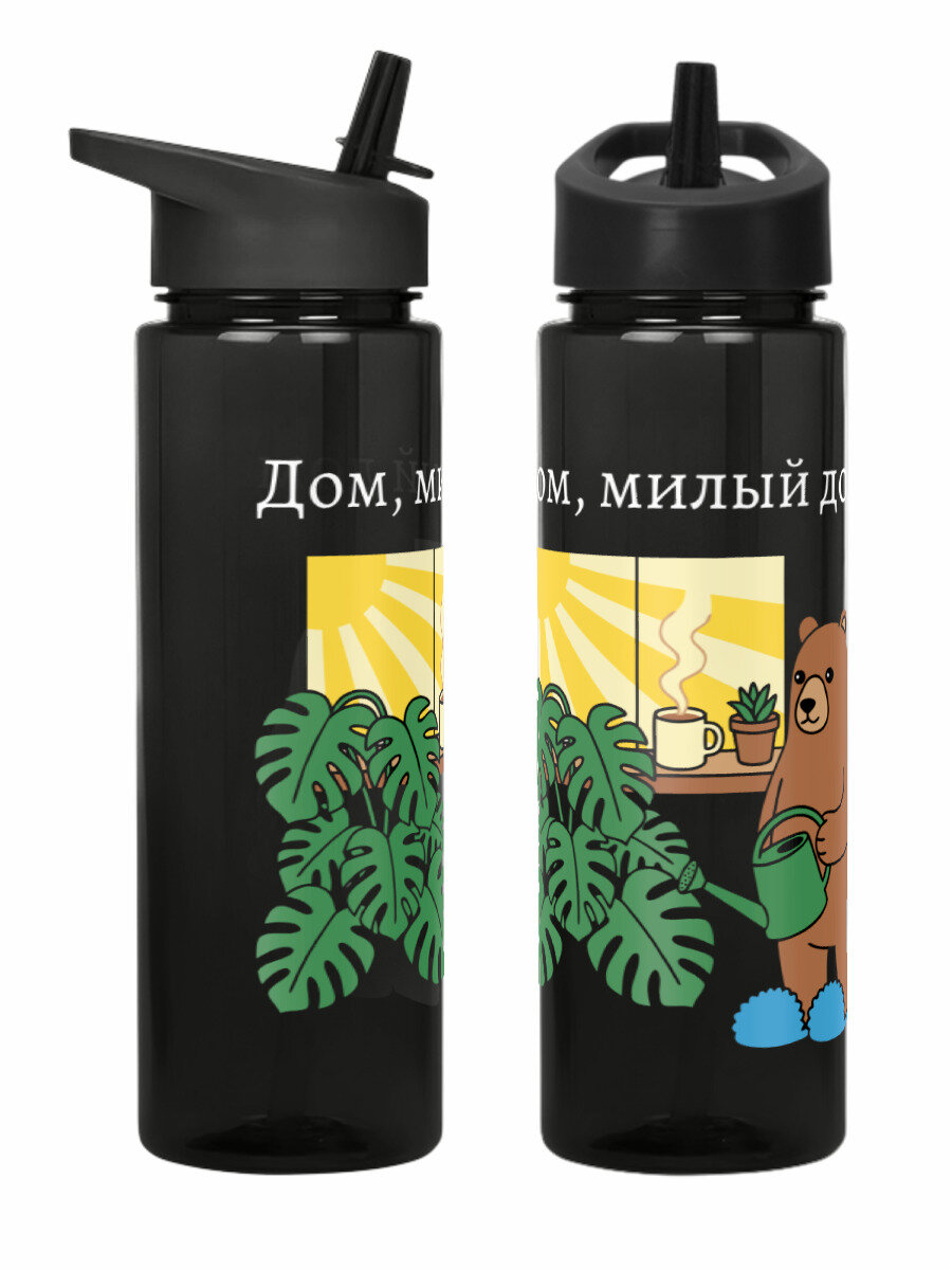 Бутылка черная для воды с принтом Дом медведя