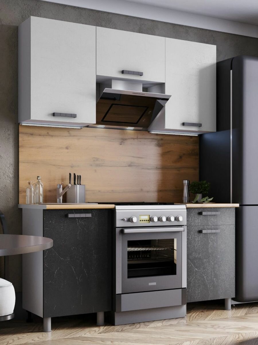 Кухонный гарнитур (кухня) Григгс 1.6 м с окапом, ЛДСП/МДФ, Белый/Камень светлый/Камень темный, 1600х2160х430, тэкс