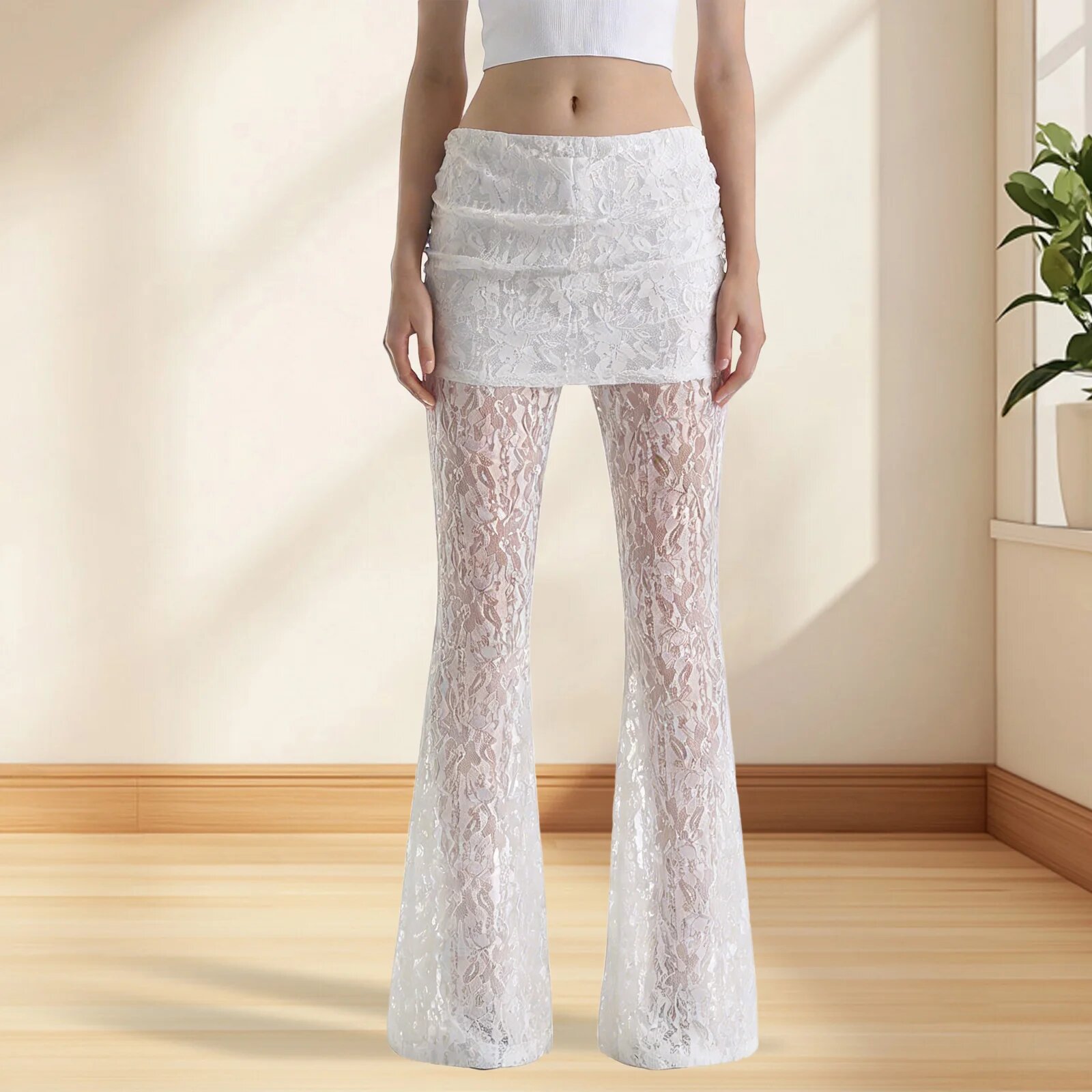 Кружевные расклешенные брюки женские Polyester Белый, L, White