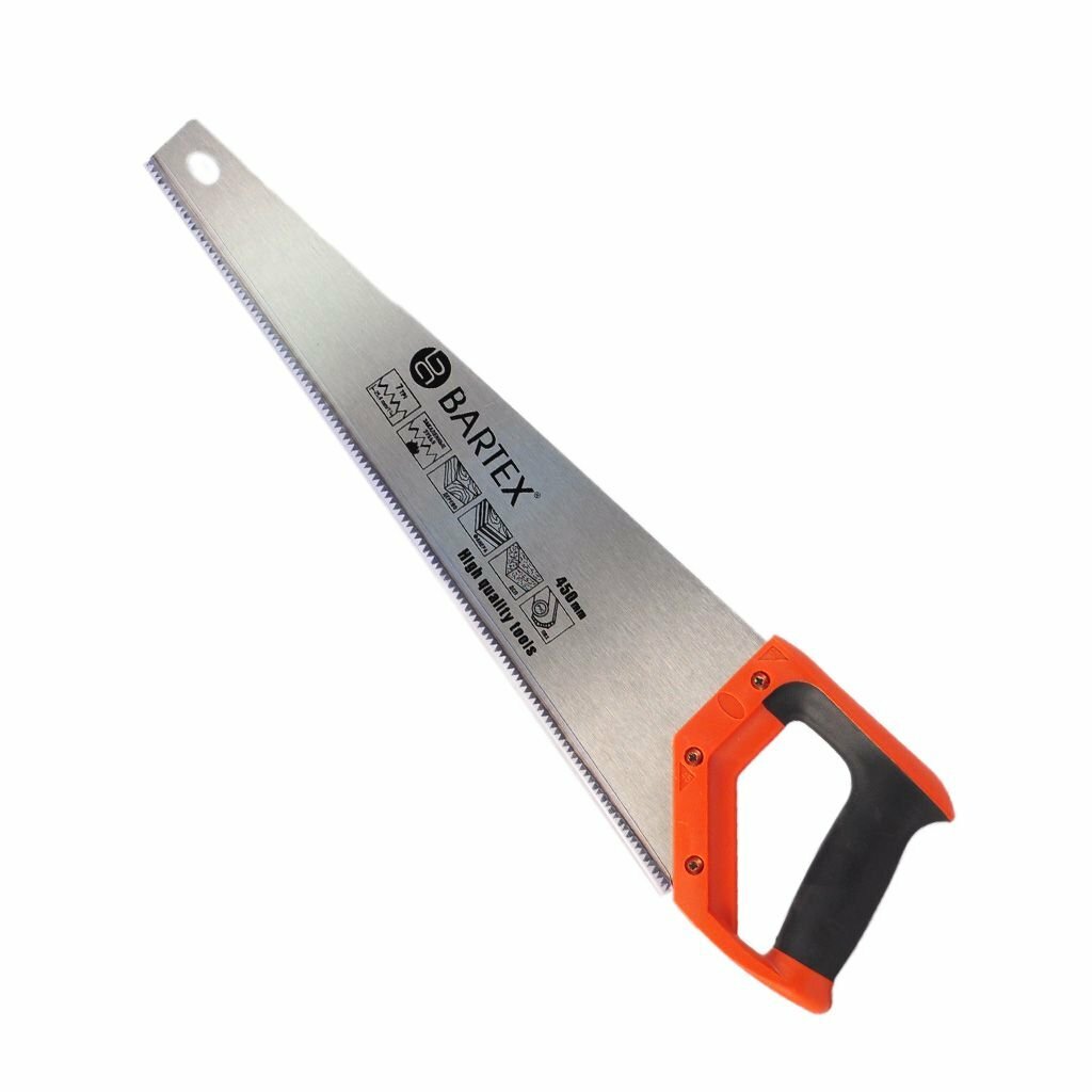 Ножовка по дереву Bartex Standart 450 мм, закаленные зубья, 2D-заточка, 7 TPI, прорезиненная рукоятка