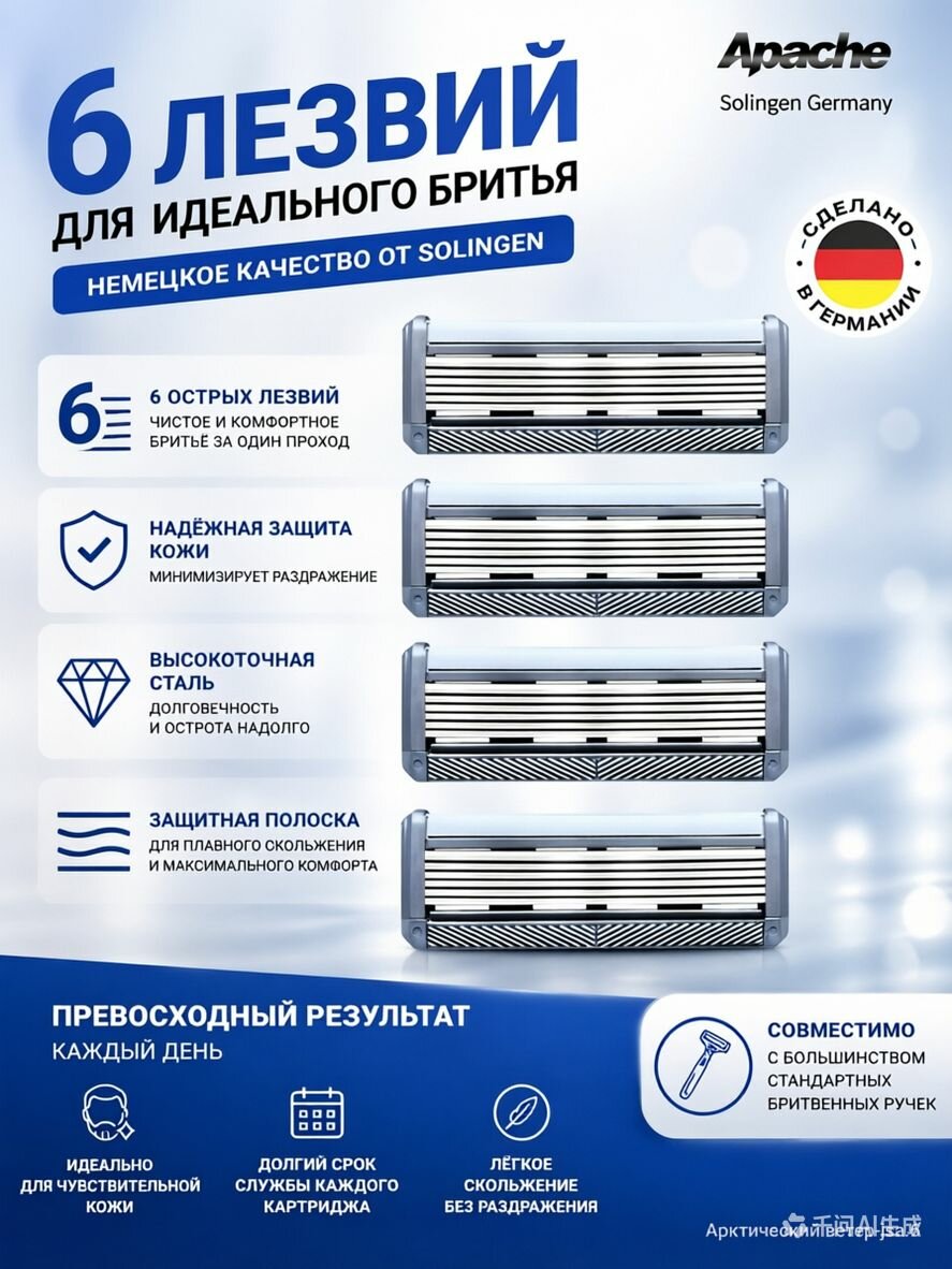Сменная лента для мужского бритья Apache Solingen Германия x6, 4 x 6 лезвий