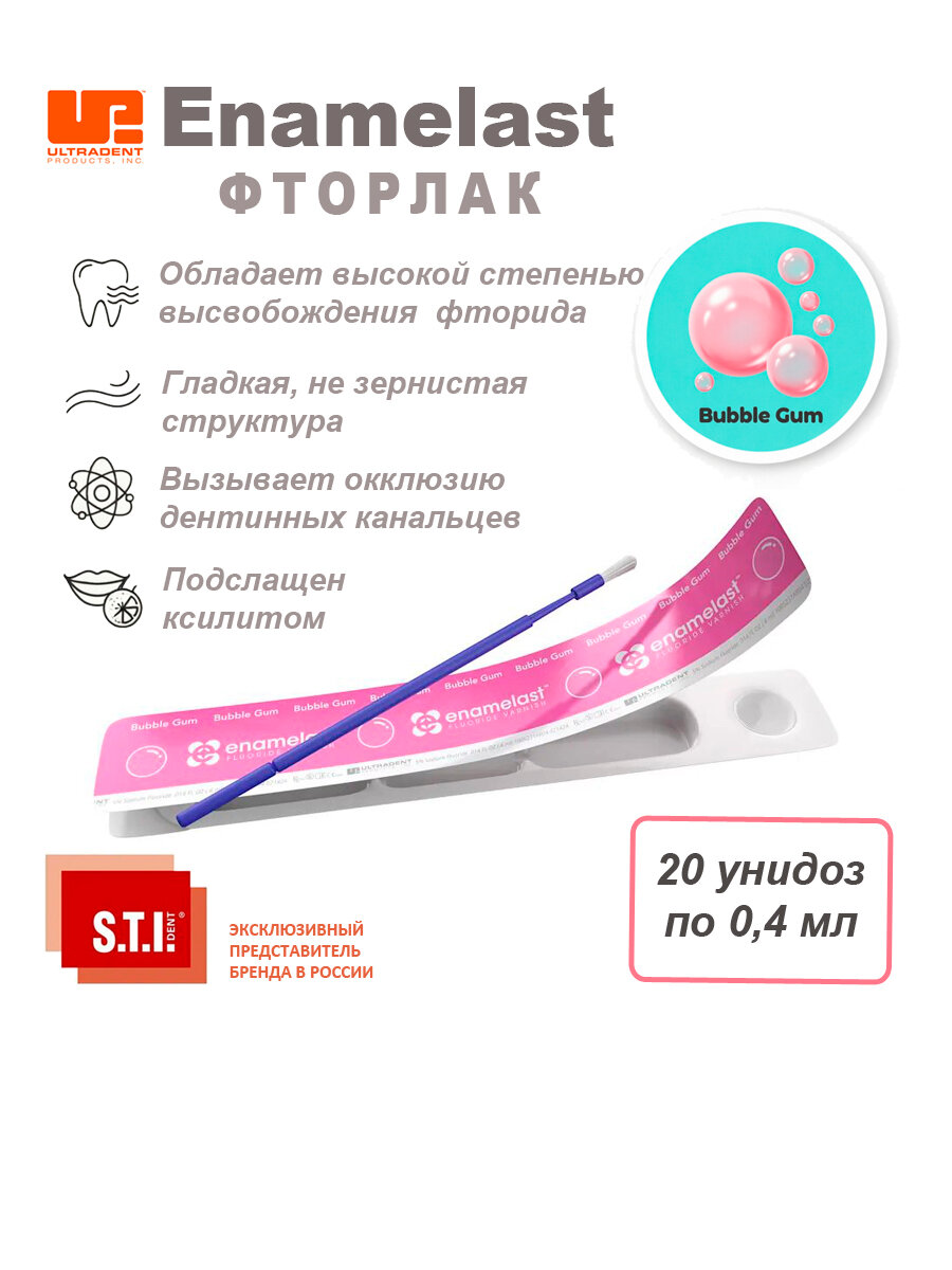 Фторлак для зубов Enamelast, стоматологический , вкус жвачки, 20 унидоз по 4 мл