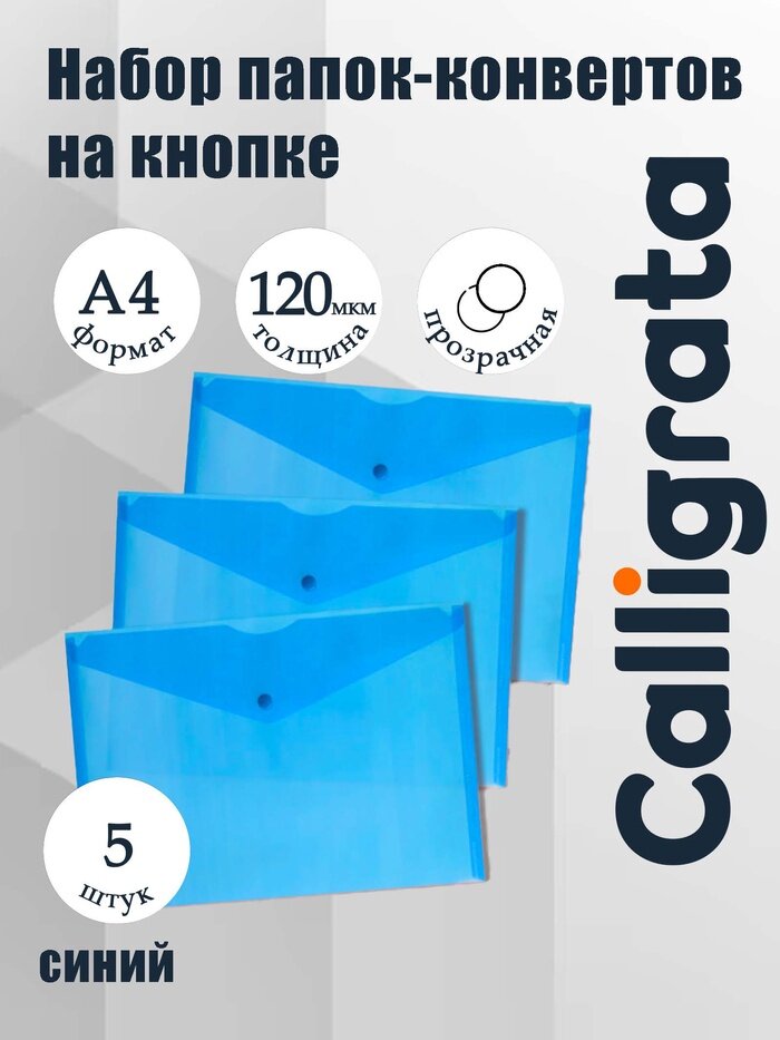 Набор папок-конвертов на кнопке 5 штук, А4, 120 мкм, Calligrata, прозрачные, синие