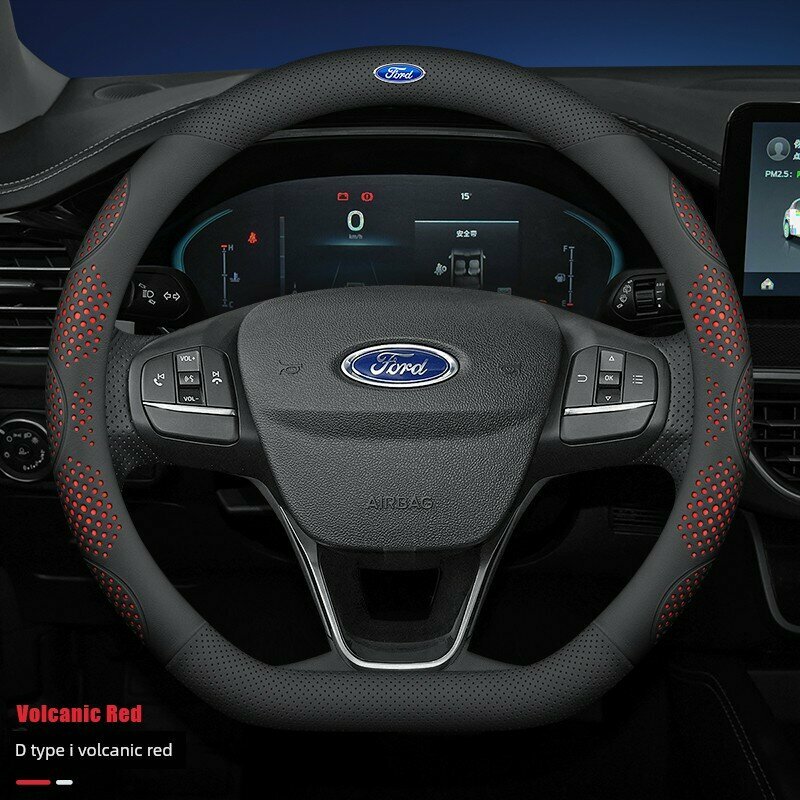 Кожаная перфорированная накладка на руль D-образной формы с логотипом Ford, красный цвет Volcano для моделей Ford Focus