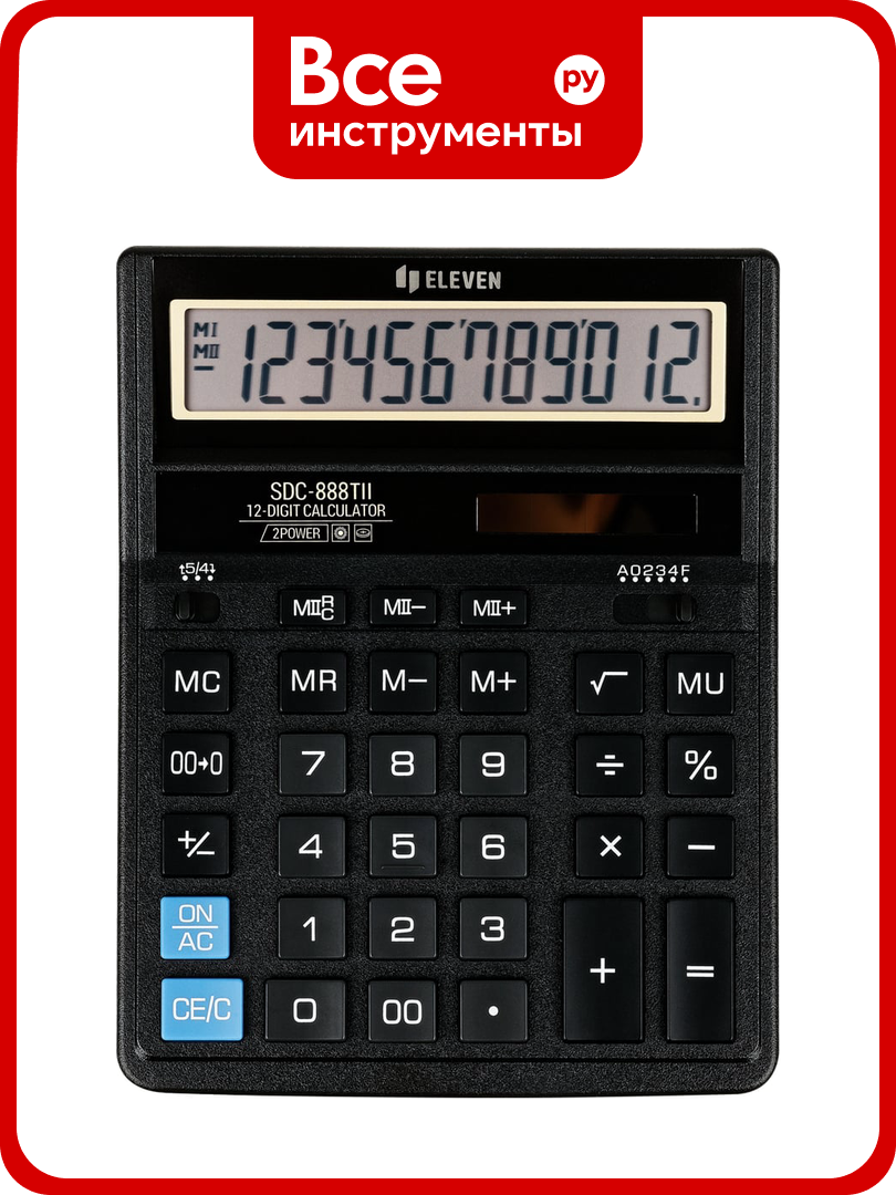 Калькулятор настольный Eleven SDC-888TII, 12 разрядов, двойное питание, 158х203х31 мм, черный 339221
