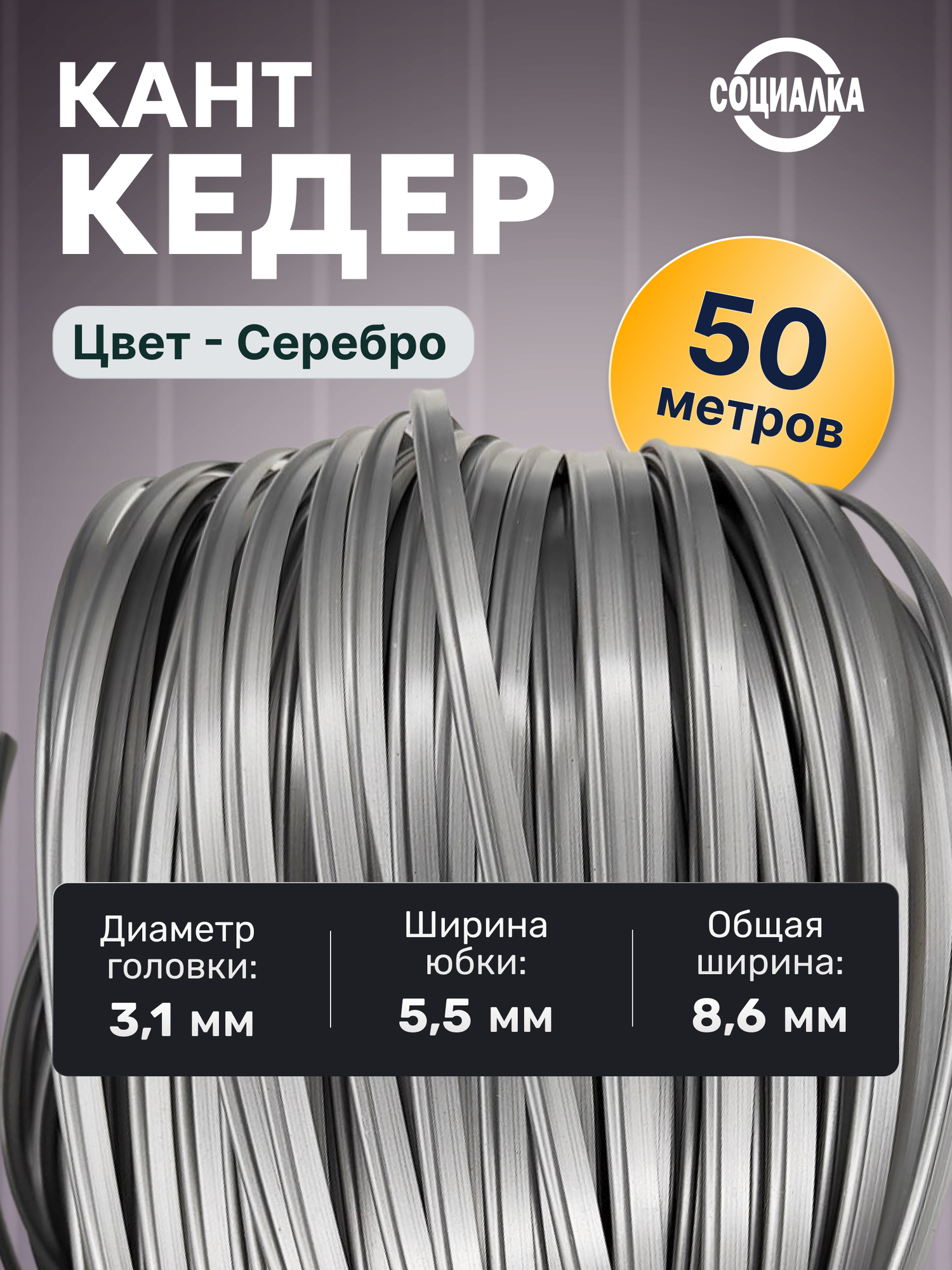 Кедер ( кант, жилка) для сумок, авточехлов и одежды, намотка 50м, серебро/размер: ширина головки 3,1мм; длина юбки 5.5мм
